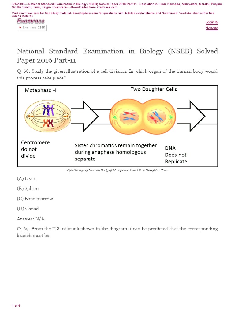 NSEB Solved Paper 2016 Part 11 PDF | PDF | Cell Biology | Biology