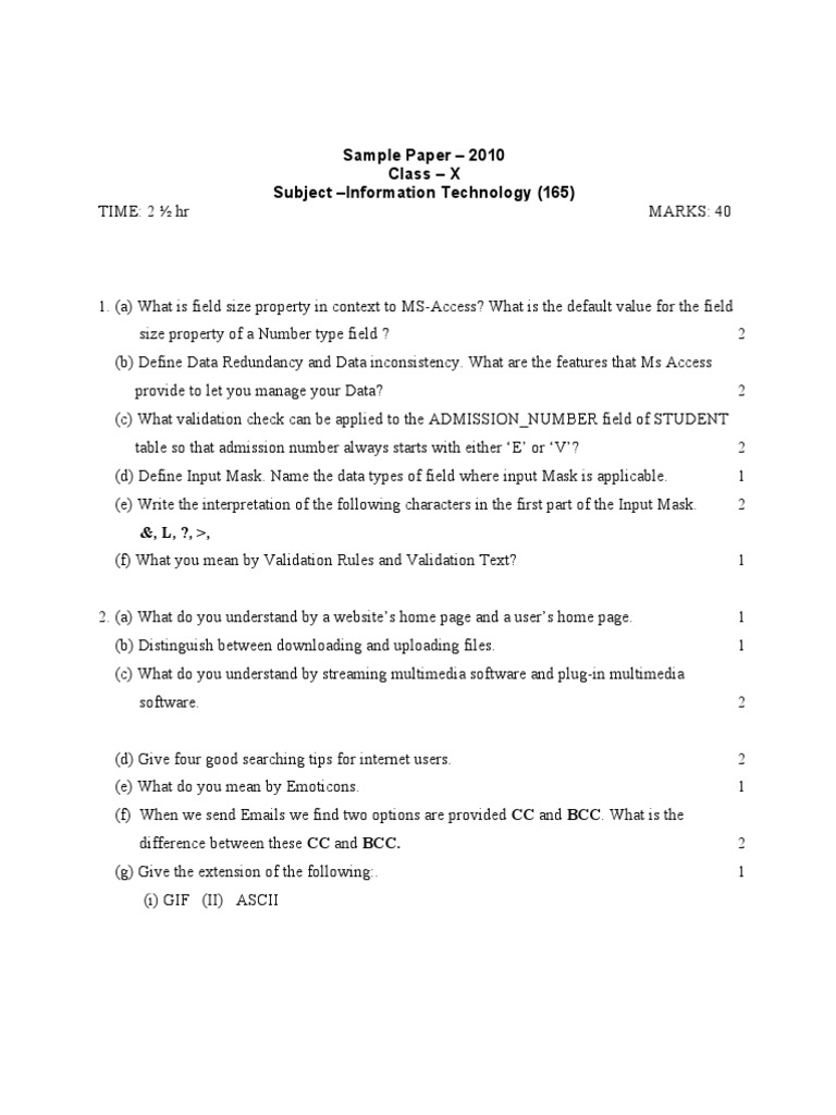 Sample Paper - 2010 Class - X Subject - Information Technology | PDF ...