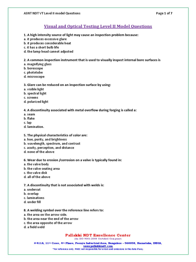Visual and Optical Testing LevelII Questions and Answers PDF | PDF ...
