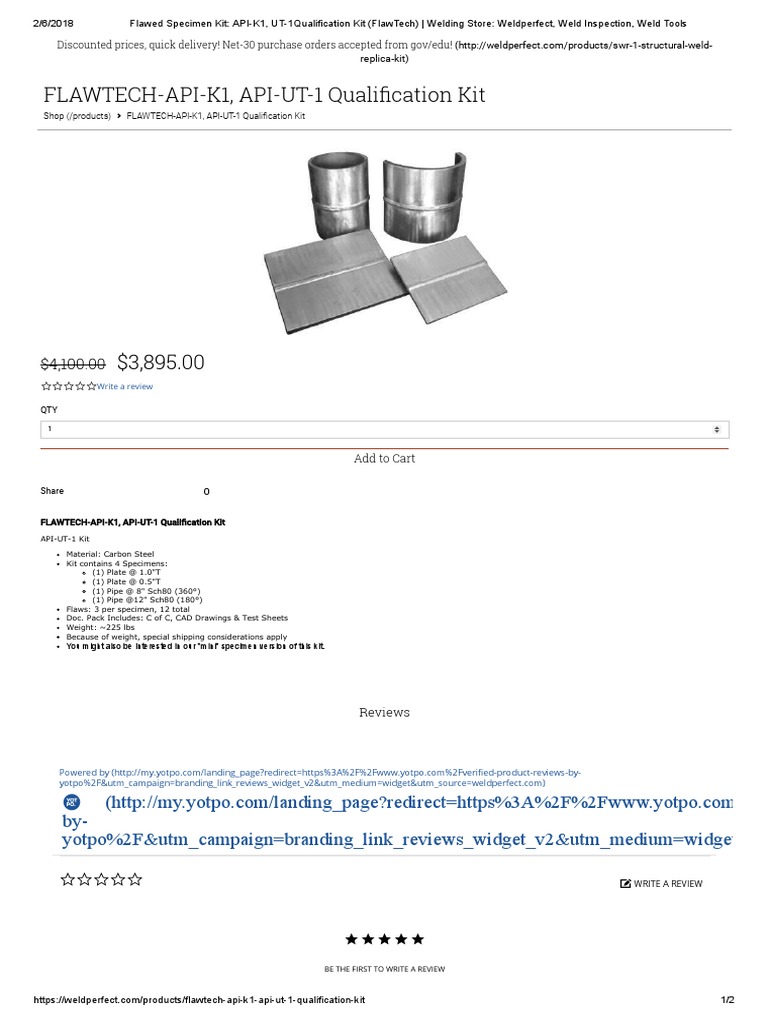 Flawed Specimen Kit - API-K1, UT-1Qualification Kit (FlawTech) - Welding Store - Weldperfect ...