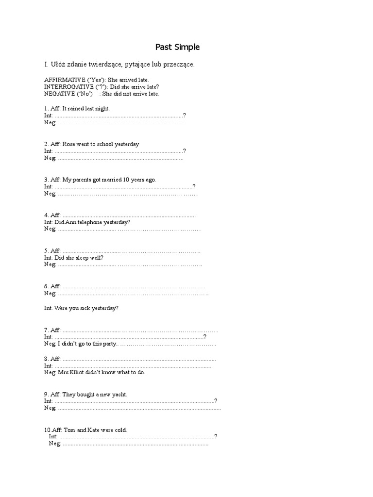 Past Simple: I. Ułóż Zdanie Twierdzące, Pytające Lub Przeczące | PDF ...