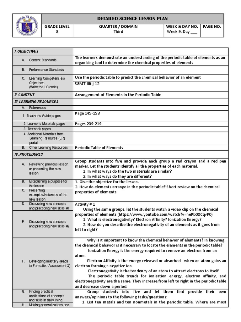 Grade 8 Periodic Table Lesson Plan | PDF | Periodic Table | Ionization