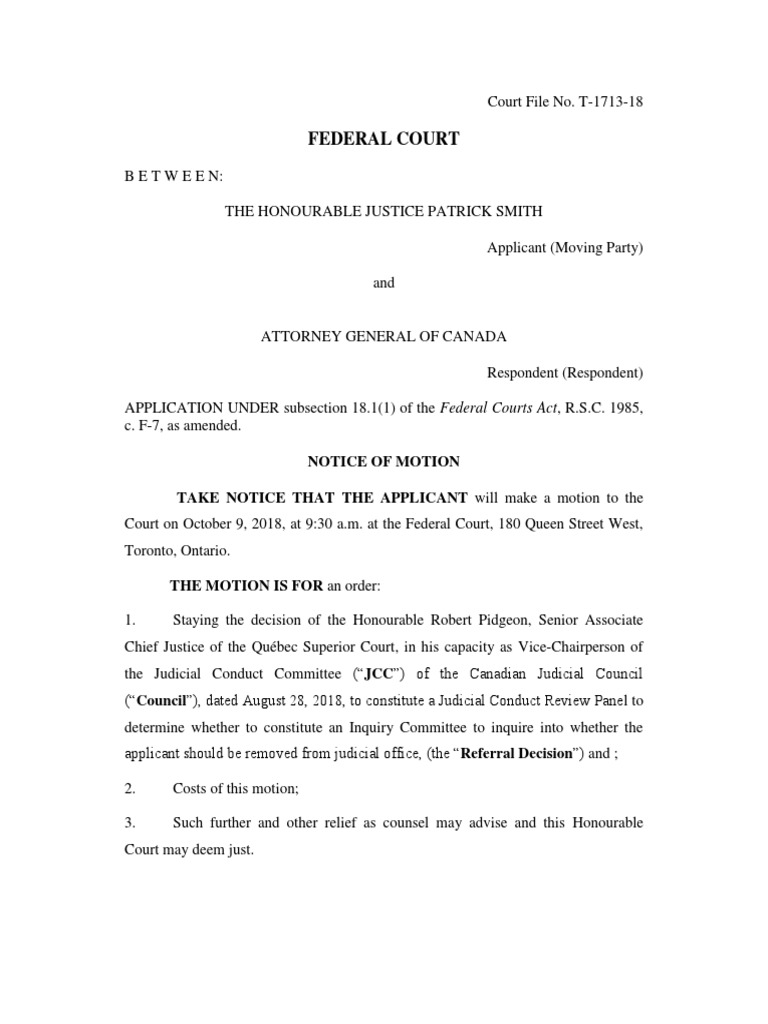 Re: Justice Patrick Smith T-1713-18 Notice of Motion Stay | PDF | Judge ...