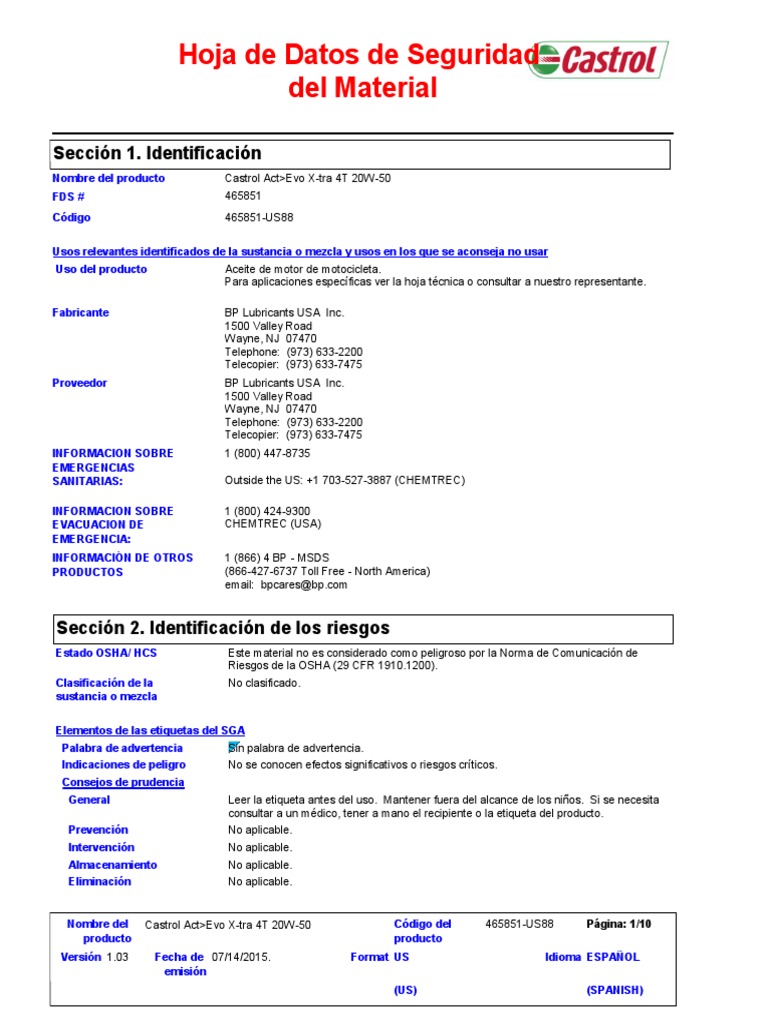 Msds Aceite Castrol 20w-50 | PDF | Guante | Residuos