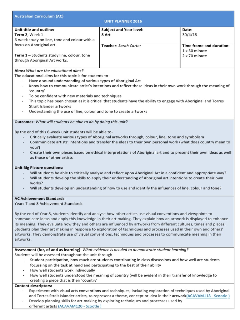Year 8 Art Unit Plan | PDF | Drawing | Indigenous Australians