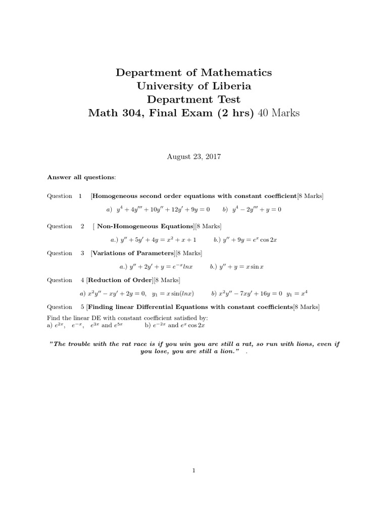 UL Math 304 Final Exam | PDF