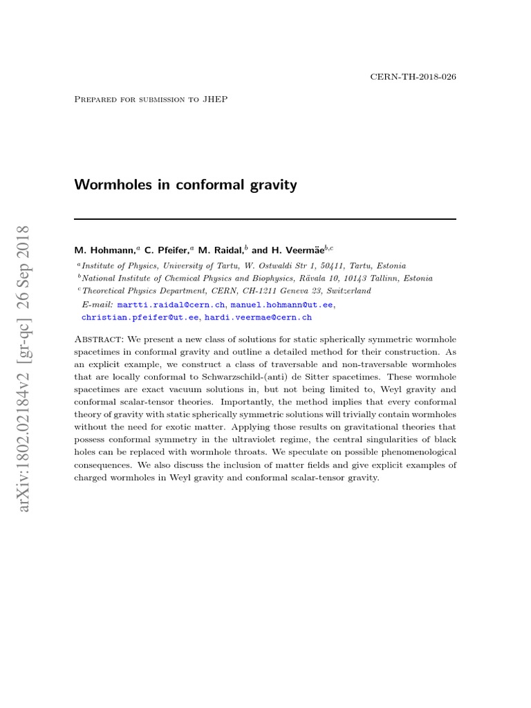 Wormholes in Conformal Gravity: Martti - Raidal@cern - CH Manuel ...