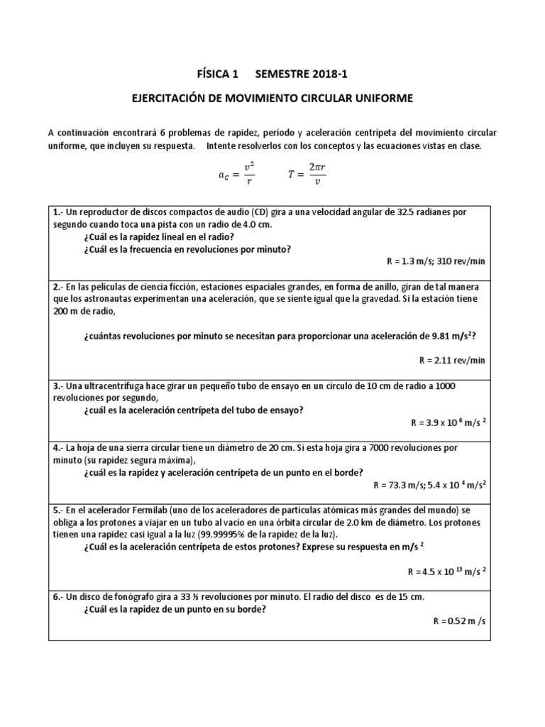 Ejercicios resueltos de movimiento circular uniforme | PDF ...