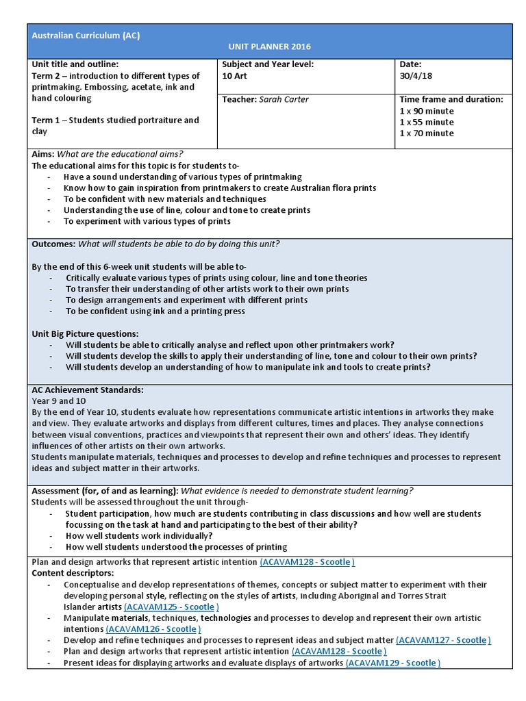 Year 10 Art Unit Plan | PDF | Printmaking | Cross Cultural Communication