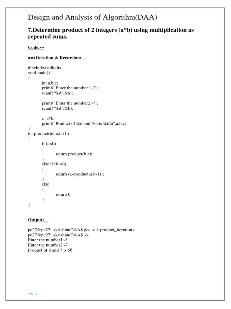 Design and Analysis of Algorithm (DAA) : 7.determine Product of 2 Integers (A B) Using ...