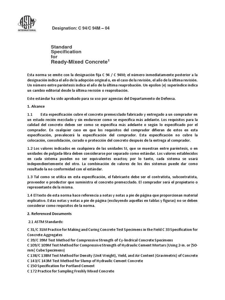 Especificación ASTM C 94 para Concreto Premezclado | PDF | Hormigón ...