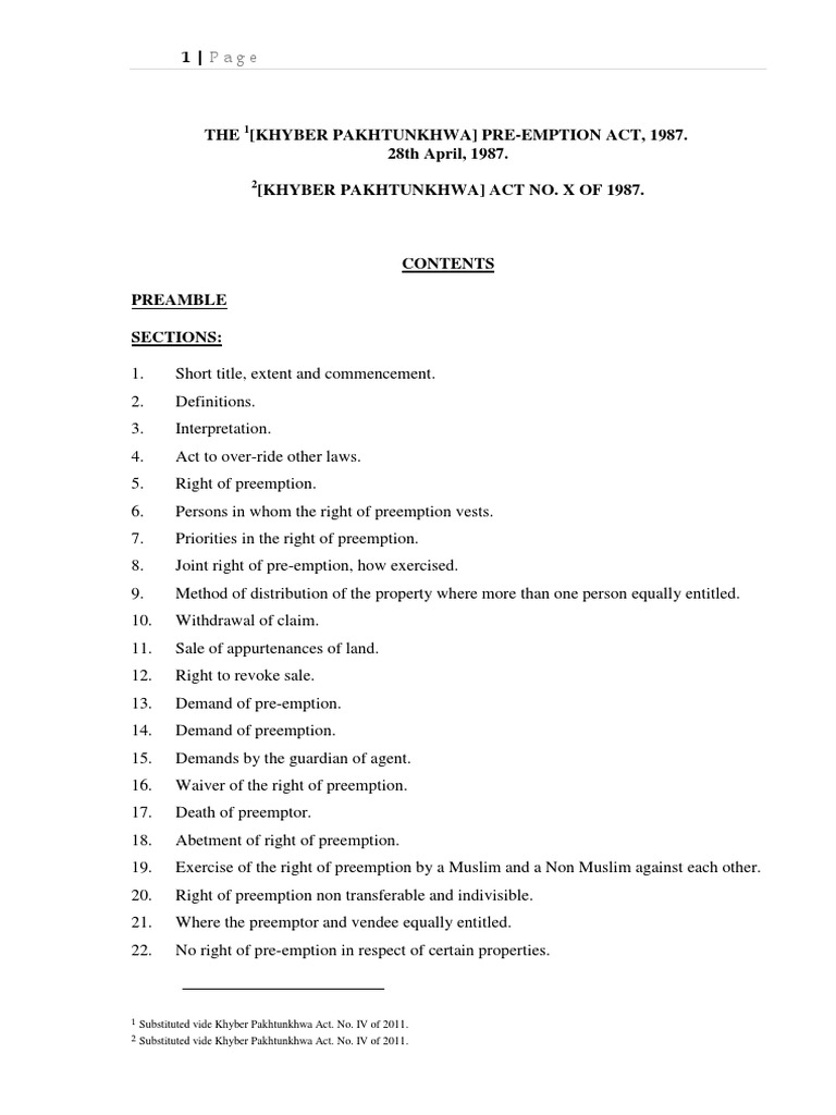1987 10 The North West Frontier Province Pre Emption Act 1987 PDF | PDF | Federal Preemption ...