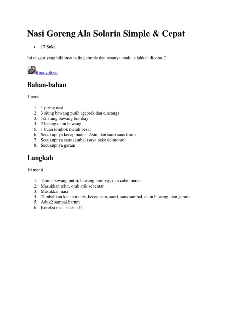 Nasi Goreng Ala Solaria Simple | PDF
