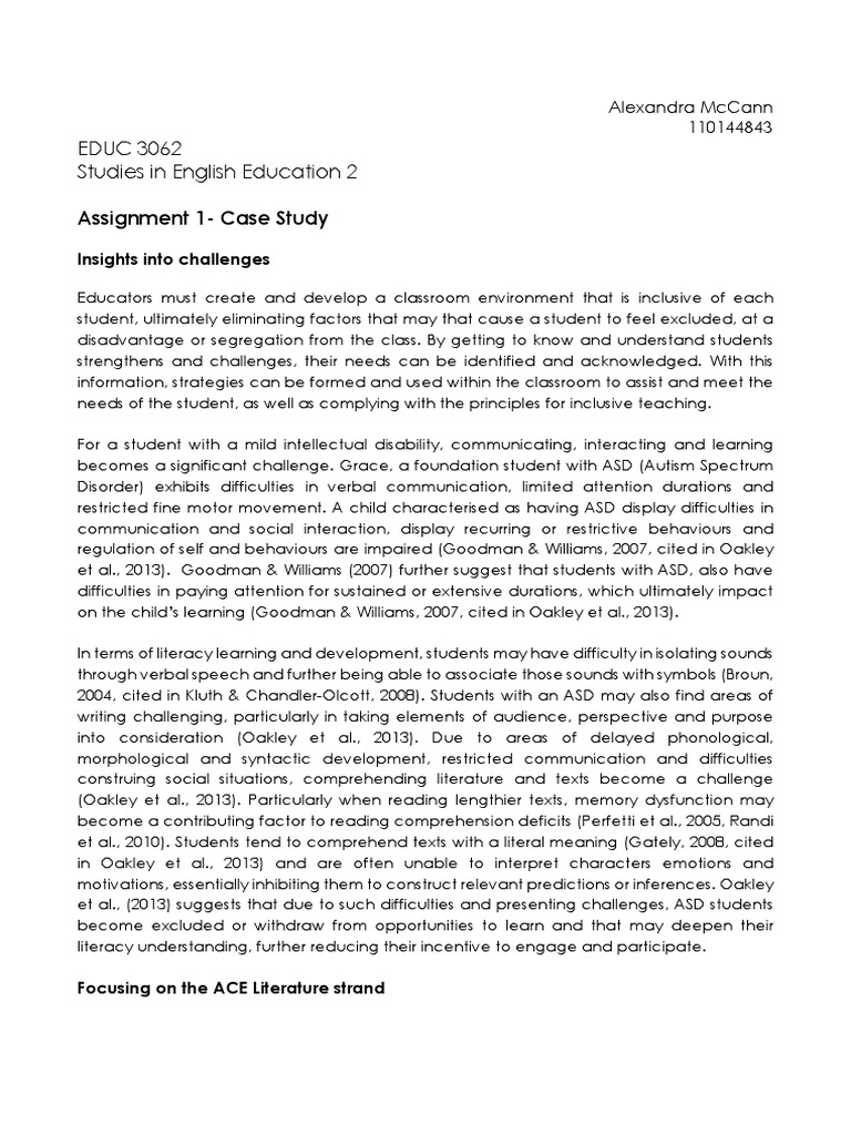 Grace Case Study Pdf Autism Spectrum Reading Comprehension