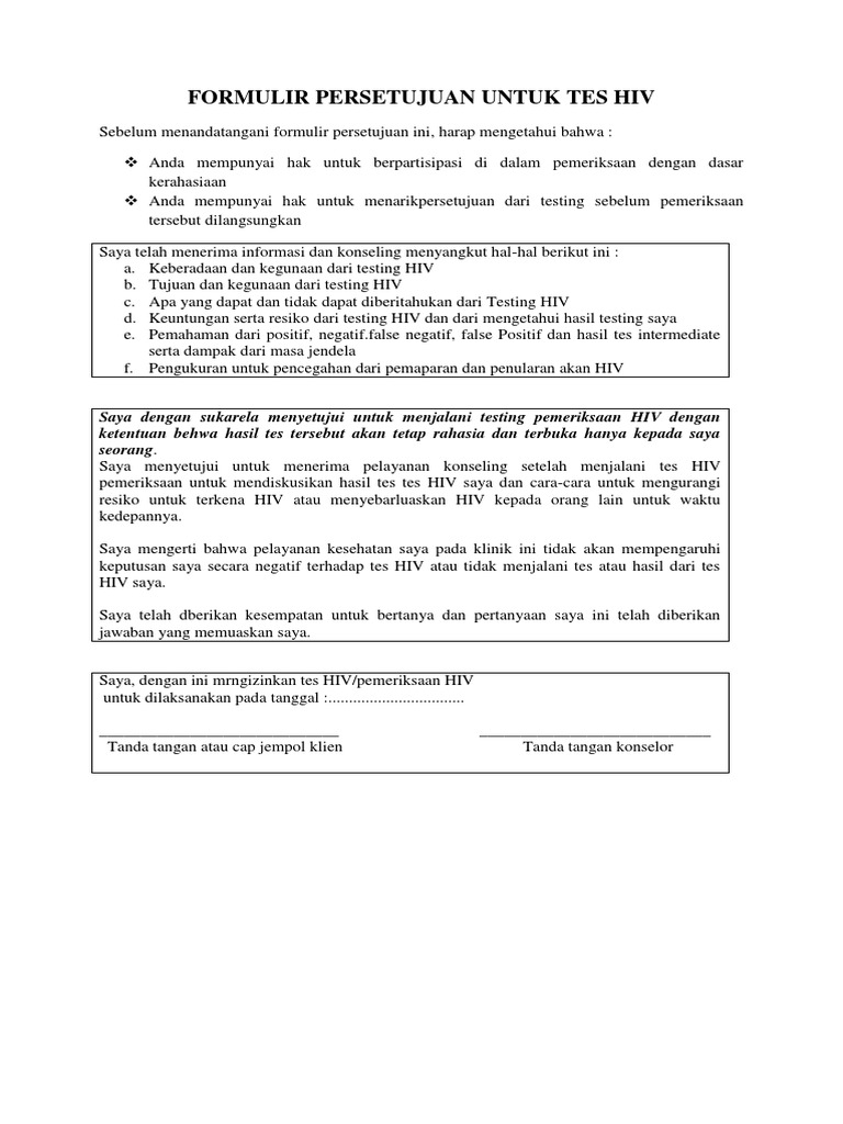 Formulir Persetujuan Untuk Tes Hiv | PDF