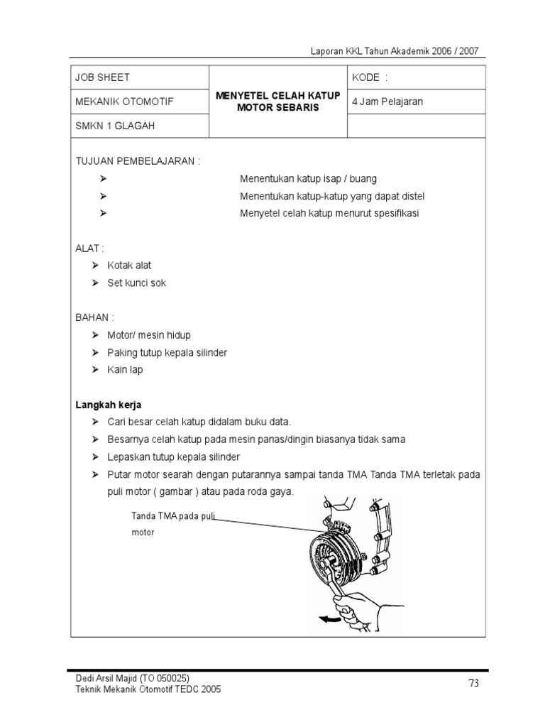 Jobsheet Penyetelan Celah Katup Motor | PDF