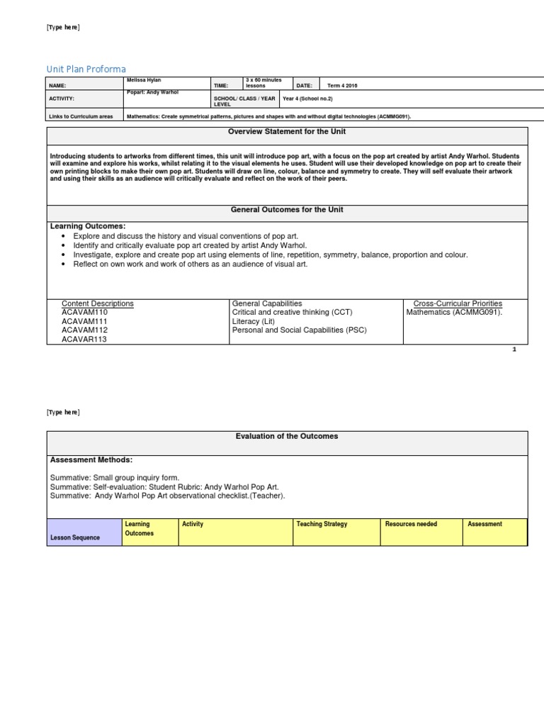 Unit Plan Proforma: Overview Statement For The Unit | PDF | Rubric ...