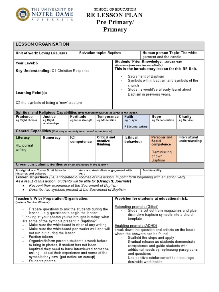 Re Lesson Plan Pre-Primary/ Primary | PDF | Baptism | Religious ...