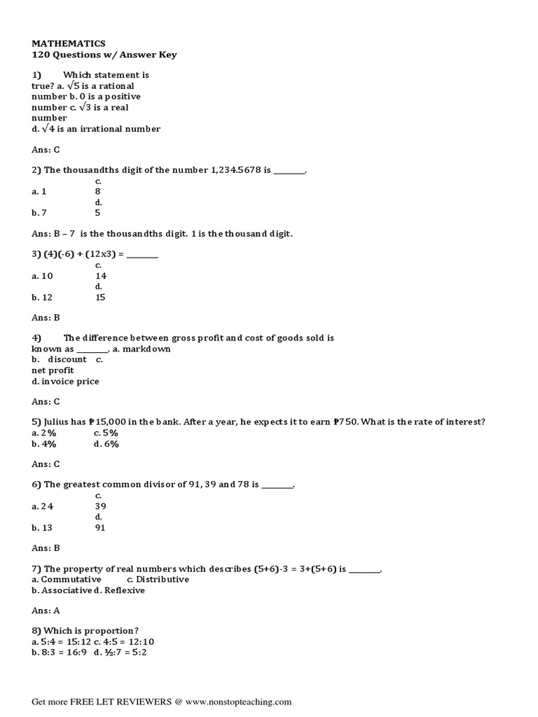 120 Questions with Answers on Mathematics Topics: Proportions ...