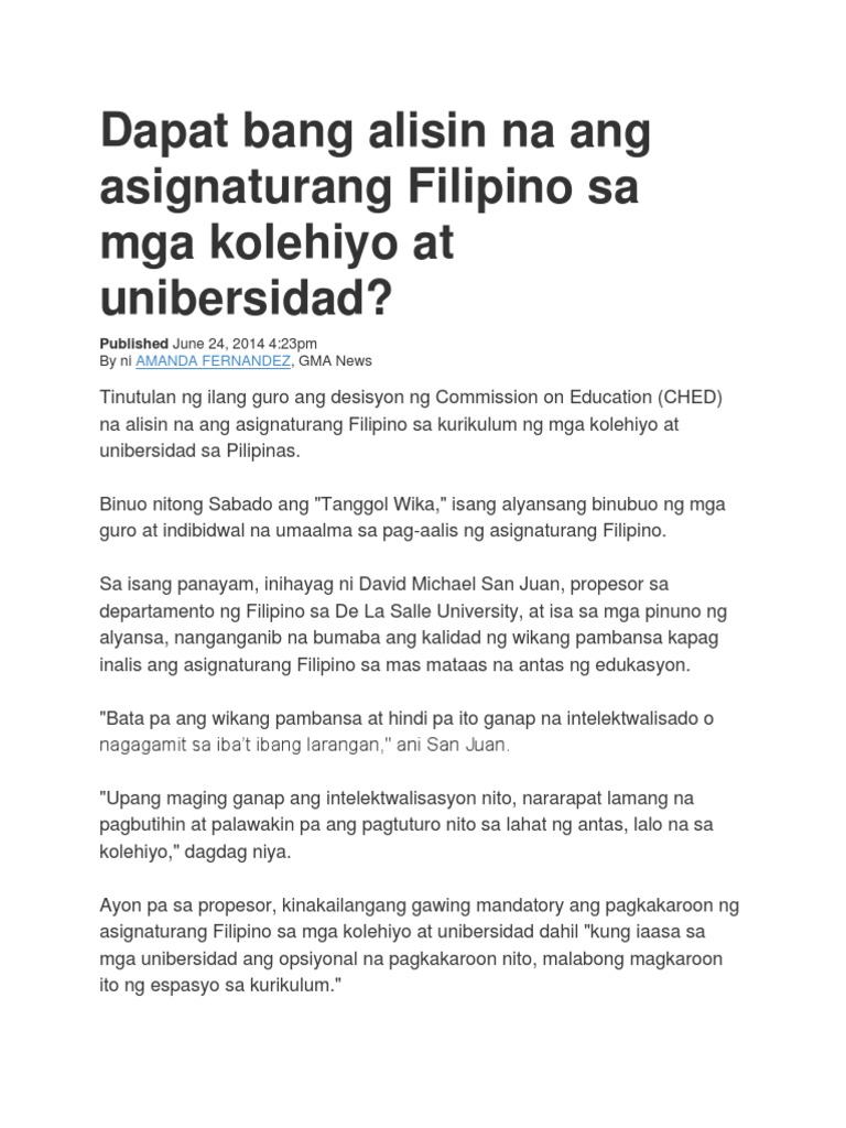 Dapat Bang Alisin Na Ang Asignaturang Filipino Sa Mga Kolehiyo at ... Dapat Bang Alisin Na Ang Asignaturang Filipino Sa Mga Kolehiyo at ...