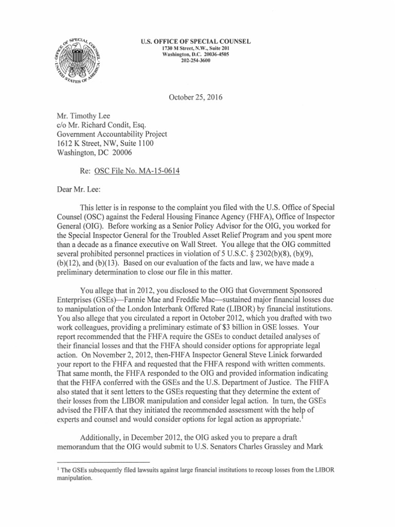 Office of Special Counsel Preliminary Determination LIBOR | PDF