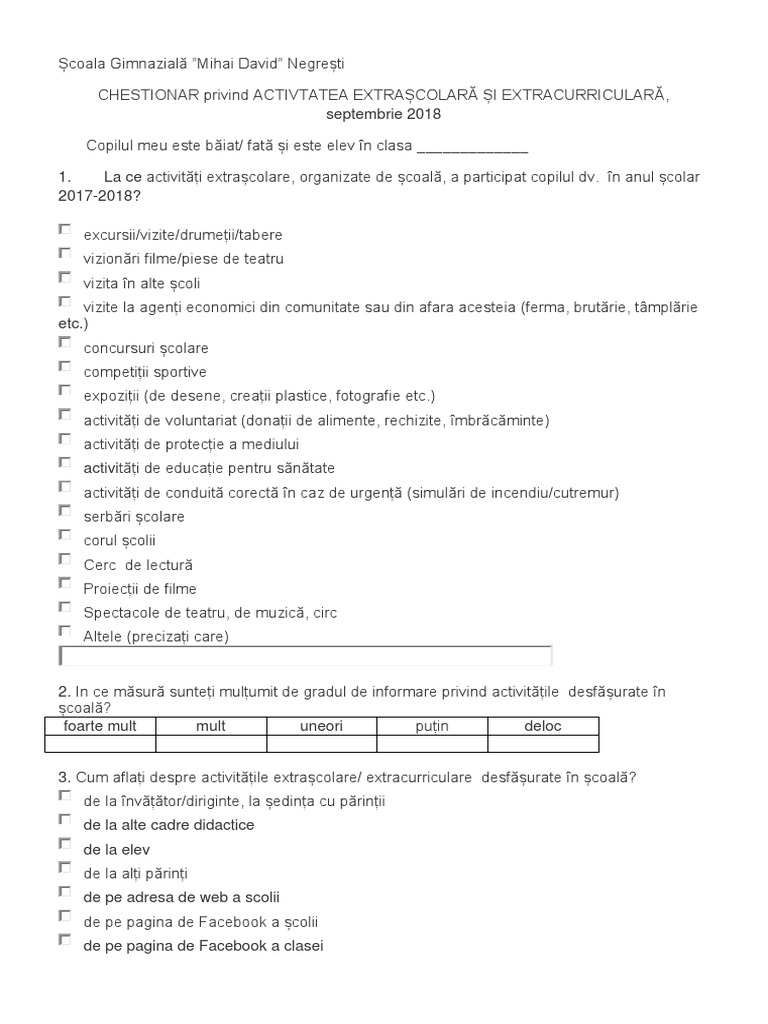 Chestionar Act Extrascolare | PDF