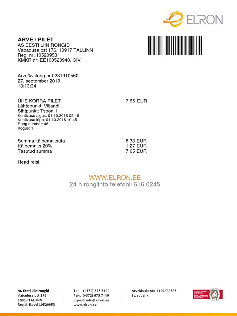 Elron Arve NR 0231910560 | PDF