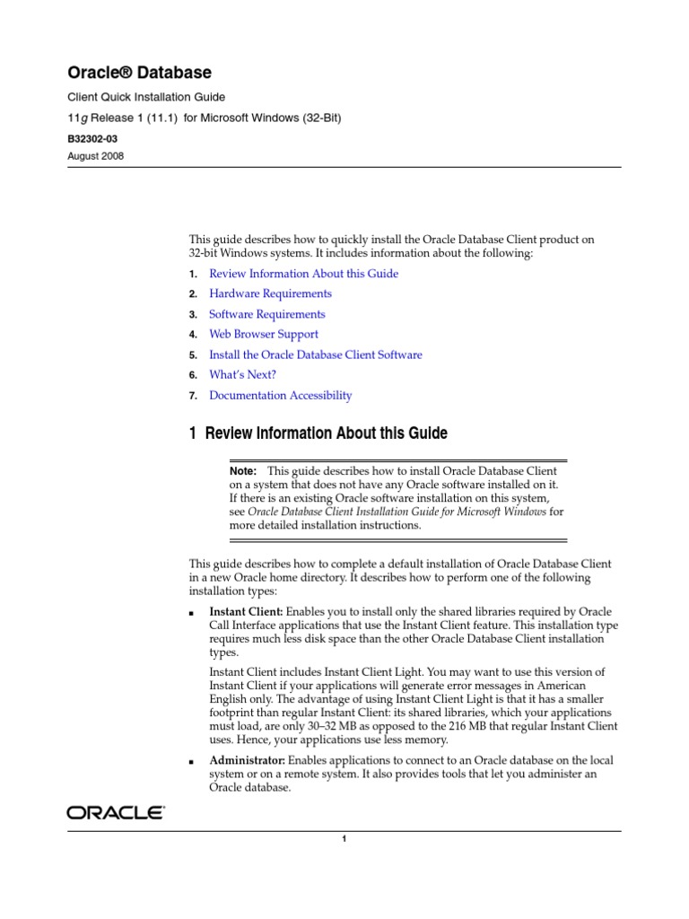 Oracle® Database: Client Quick Installation Guide 11g Release 1 (11.1) For Microsoft Windows (32 ...