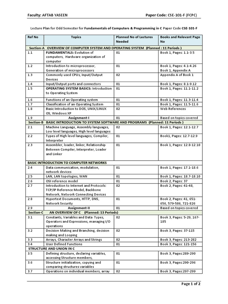 CSE-101-F Lecture Plan | PDF | Operating System | Pointer (Computer Programming)