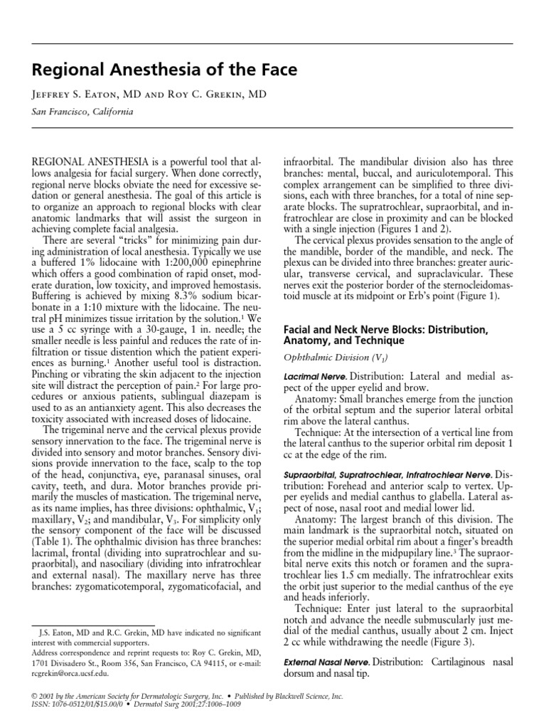 Regional Anesthesia of The Face: Jeffrey S. Eaton, MD and Roy C. Grekin ...