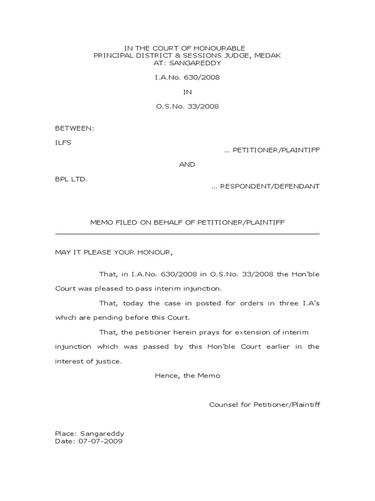 Memo For Extension of Interim Injunction | PDF