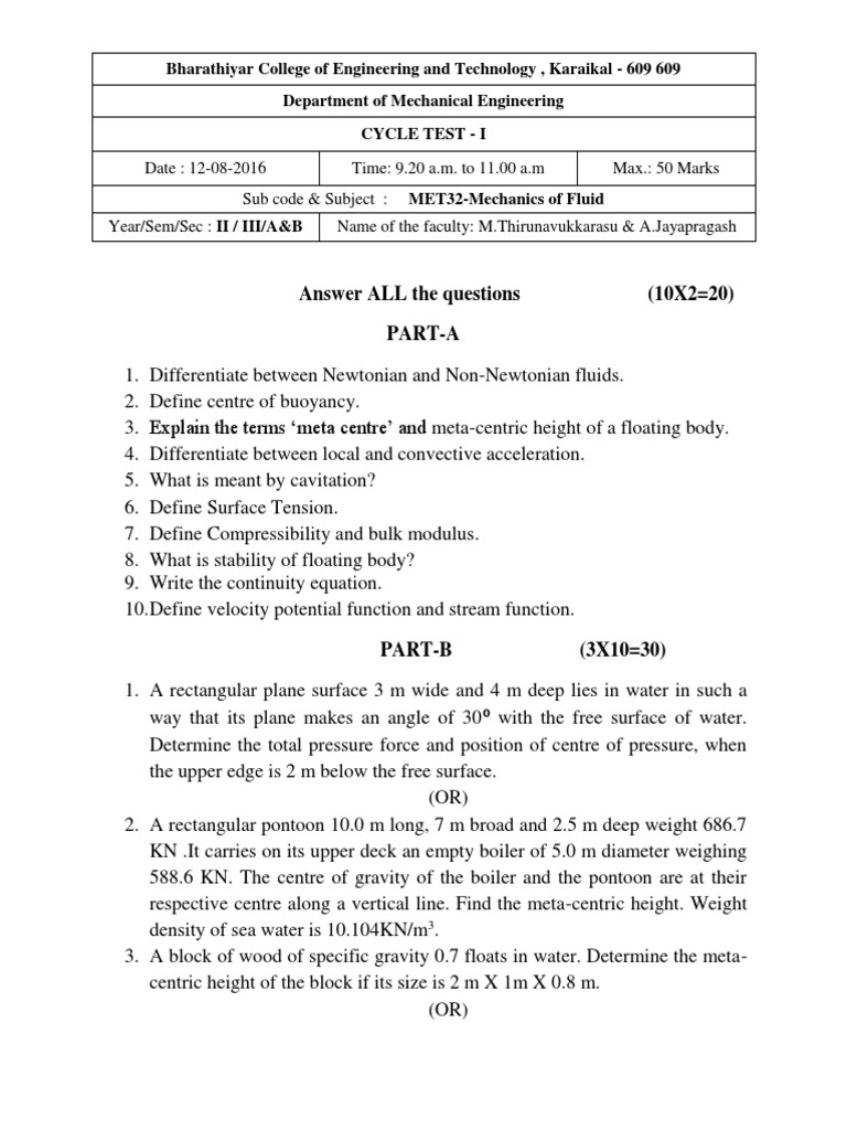 Mof Cycle Test-I QUESTIONS | PDF | Buoyancy | Velocity