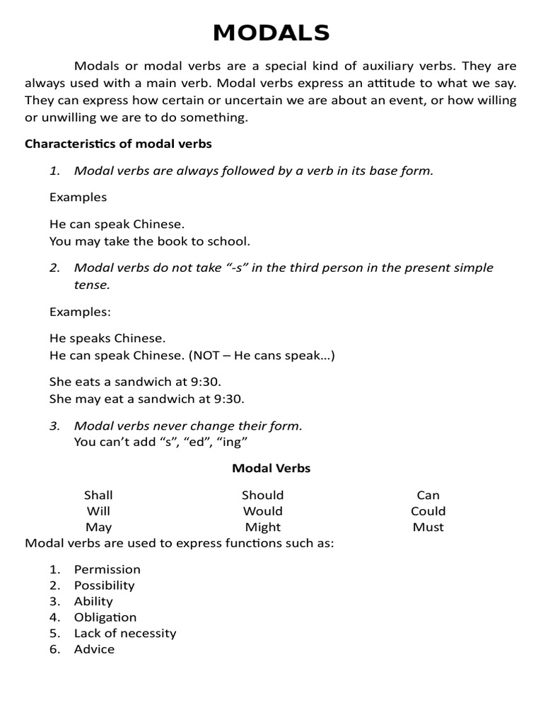 Modals: 1. Modal Verbs Are Always Followed by A Verb in Its Base Form ...