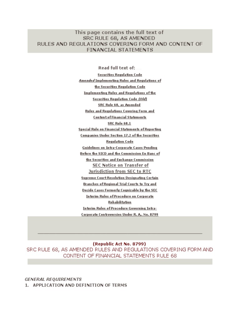 SRC Rule 68, As Amended Rules and Regulations Covering Form and Content ...