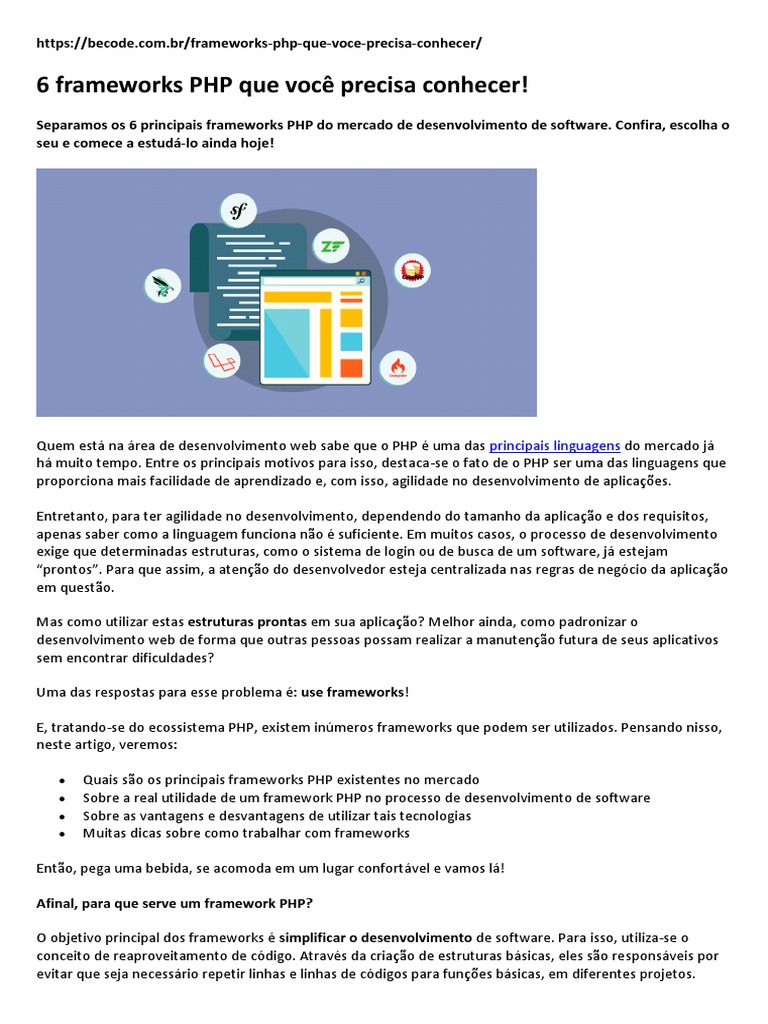 6 Melhores Frameworks PHP para Desenvolvedores | PDF | Framework de software | Php
