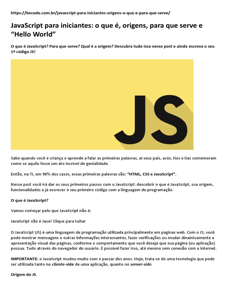 BeCode - JavaScript para Iniciantes o Que É, Origens, para Que Serve e ...