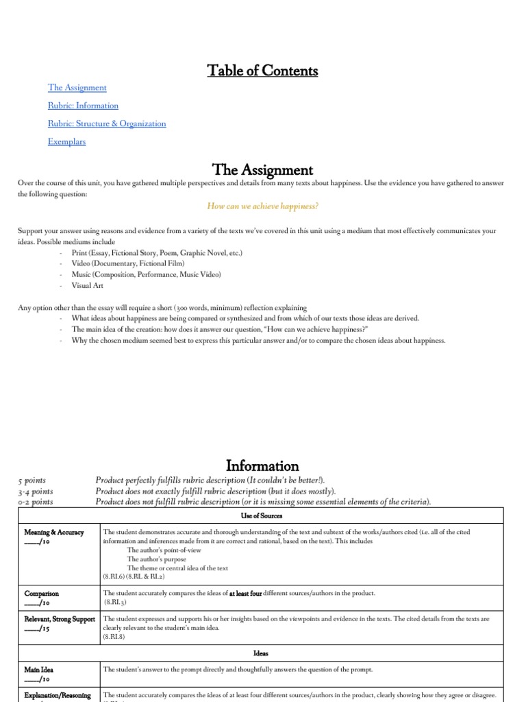 Rubric for Happiness Projects | PDF | Rubric (Academic) | Essays