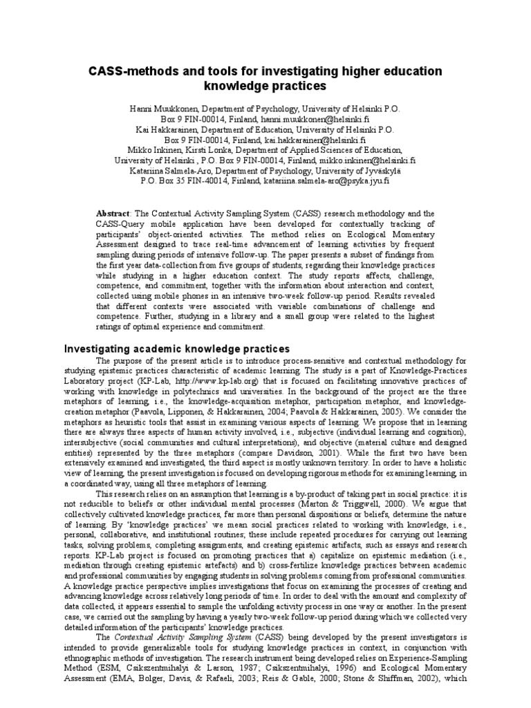 CASS-methods and Tools For Investigating Higher Education Knowledge ...