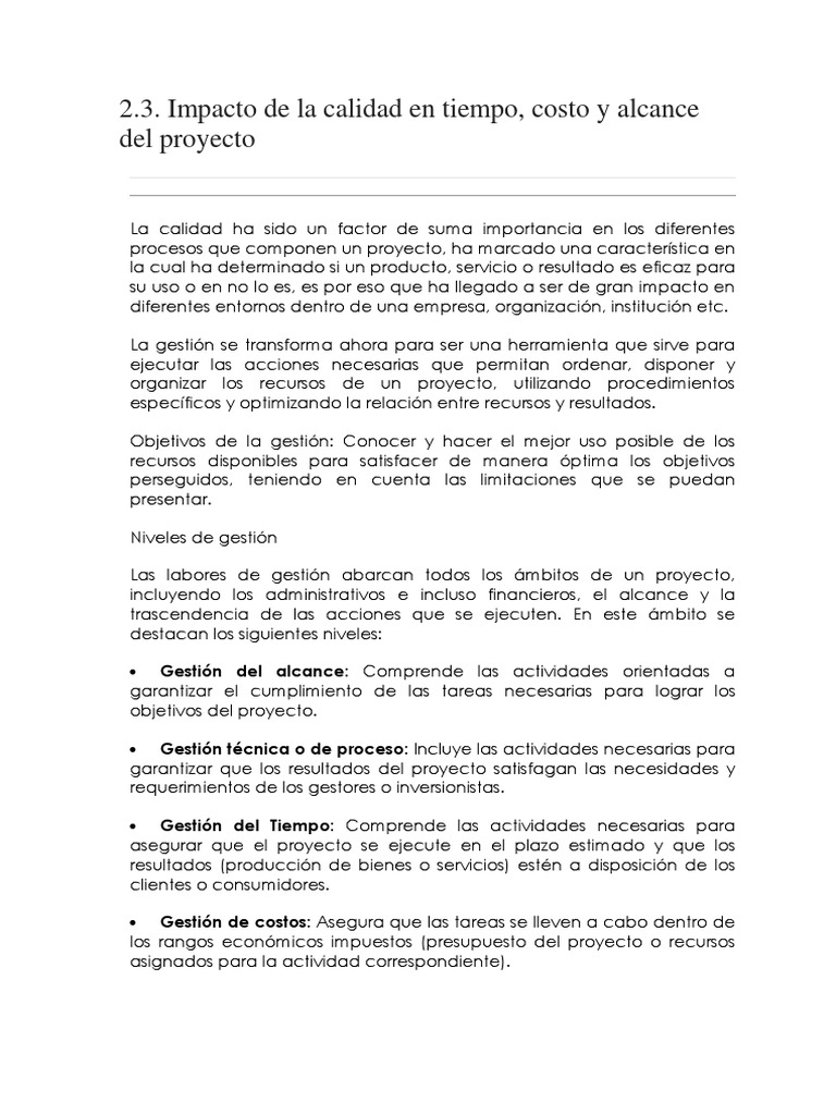 2.3 Impacto de La Calidad en Tiempo, Costo y Alcance Del Proyecto | PDF ...