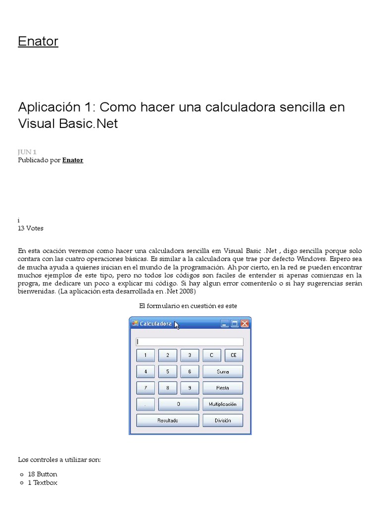 Aplicación 1_ Como Hacer Una Calculadora Sencilla en Visual Basic.net _ Enator | PDF | Básico ...