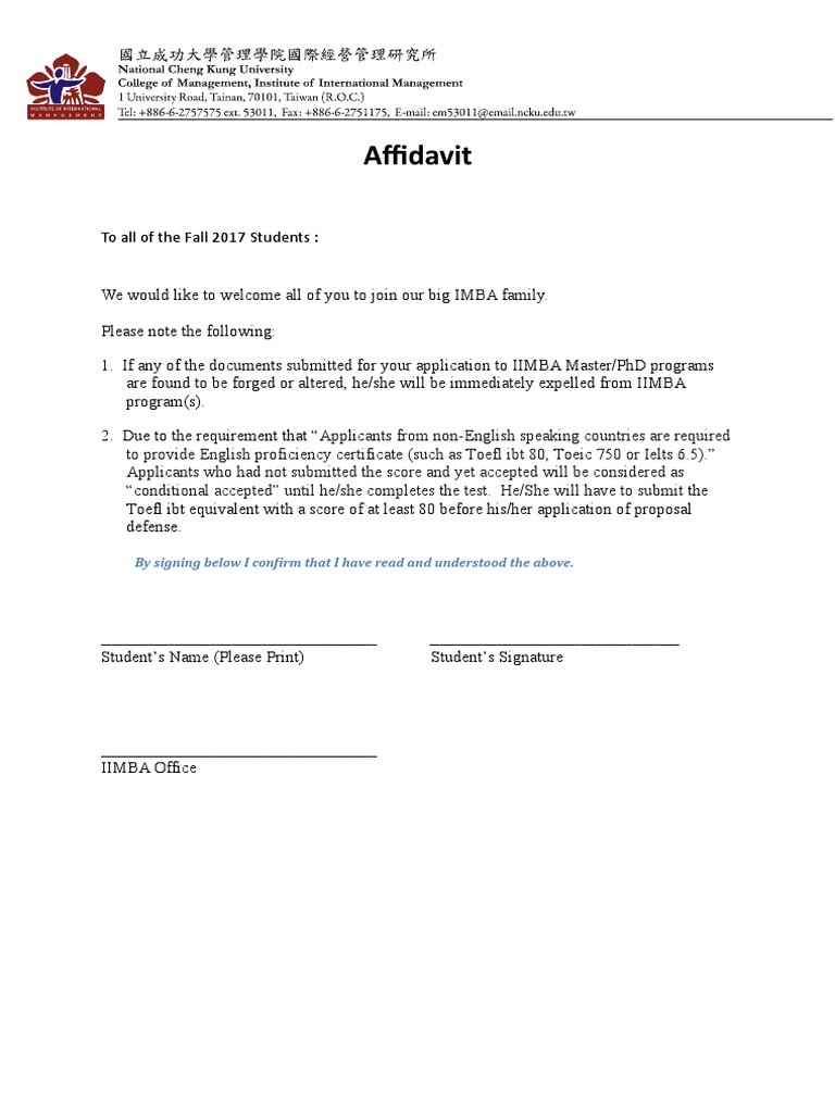 Affidavit: by Signing Below I Confirm That I Have Read and Understood ...