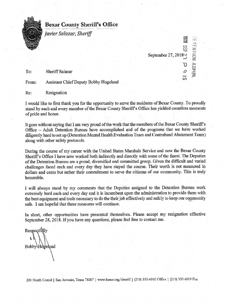 Assistant Chief Deputy Bobby Hogeland's Resignation Letter