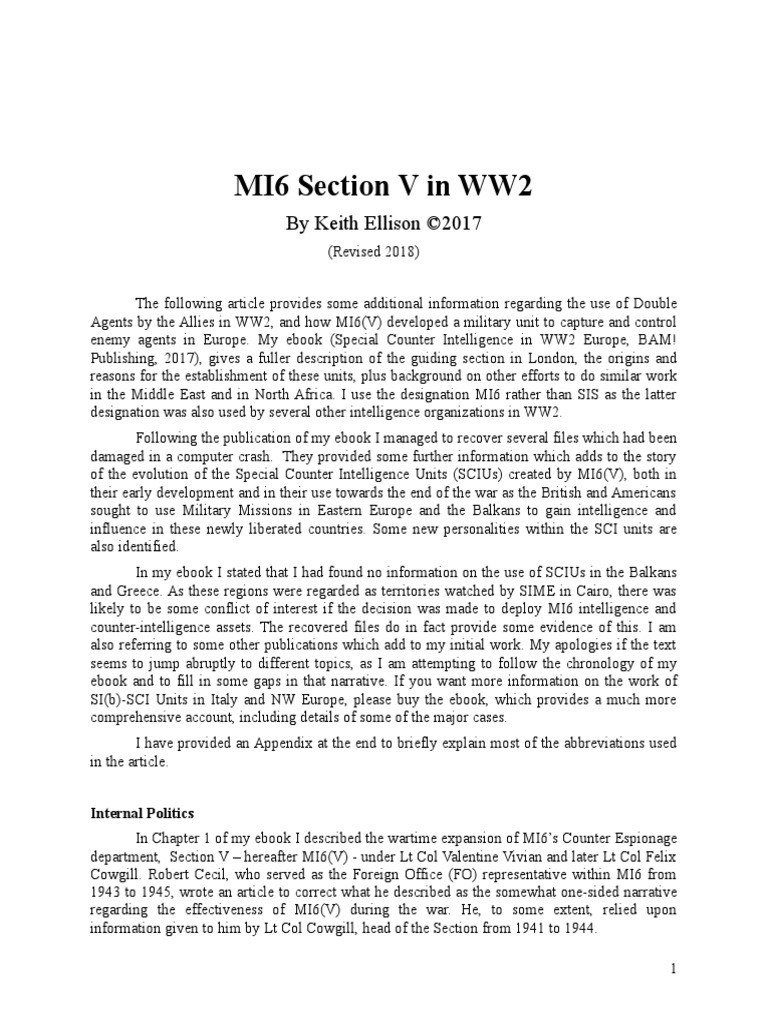 MI6 Section v in WW2 - Revised 2018 | Secret Intelligence Service | Mi5 ...