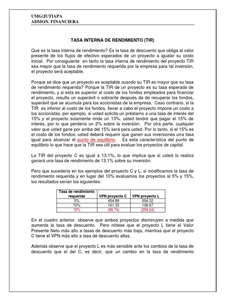 Tasa Interna de Rendimiento (TIR) y Proyectos | PDF | Tasa interna de retorno | Interés