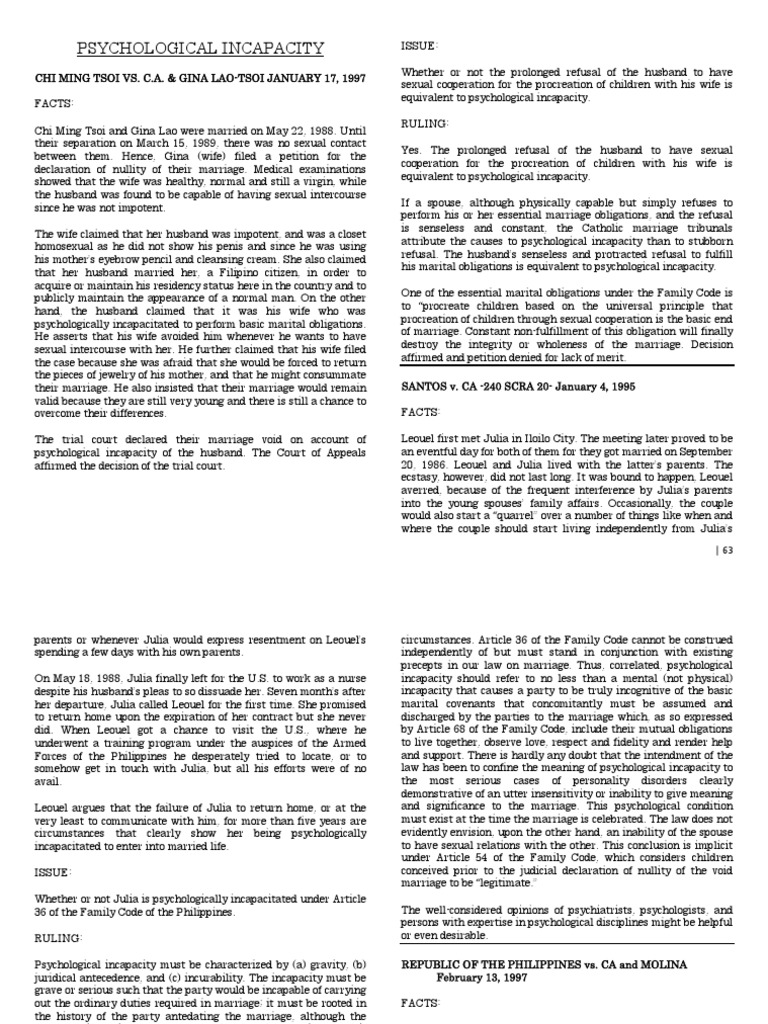 Cases On Psychological Incapacity | PDF | Marriage | Husband
