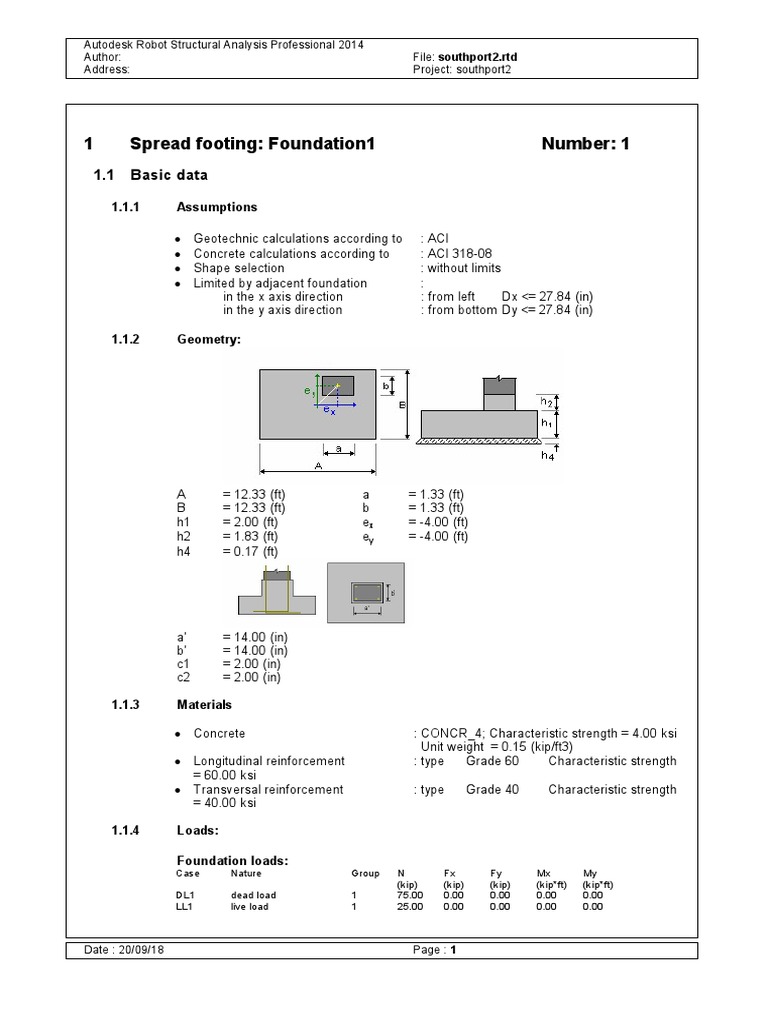 1 Spread Footing: Foundation1 Number: 1: 1.1 Basic Data | PDF ...