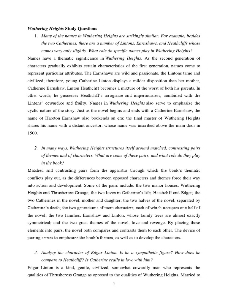 Wuthering Heights Study Questions & Themes | PDF | Heathcliff ...