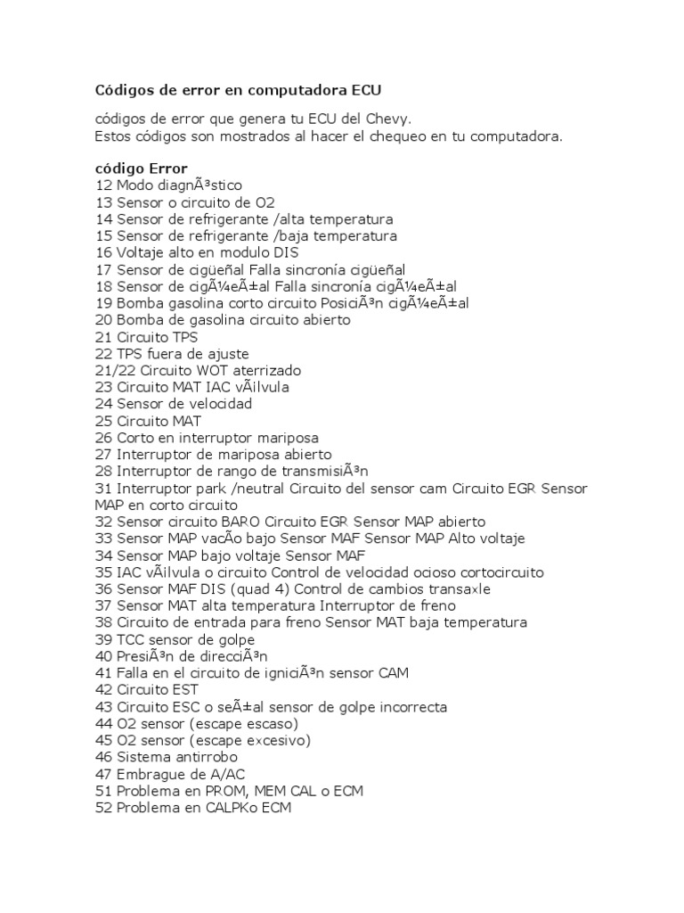 Códigos de Error ECU para Chevy | PDF