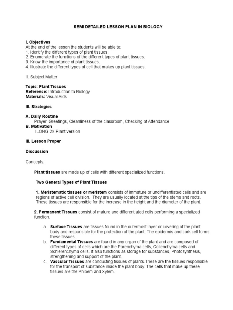 Plant Tissues Lesson Plan | PDF | Tissue (Biology) | Plant Morphology