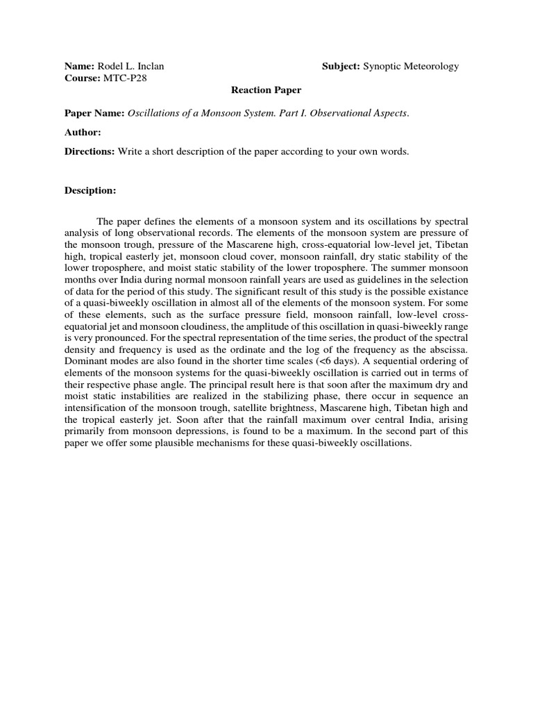 Sample Reaction Paper | PDF | Monsoon | Rain